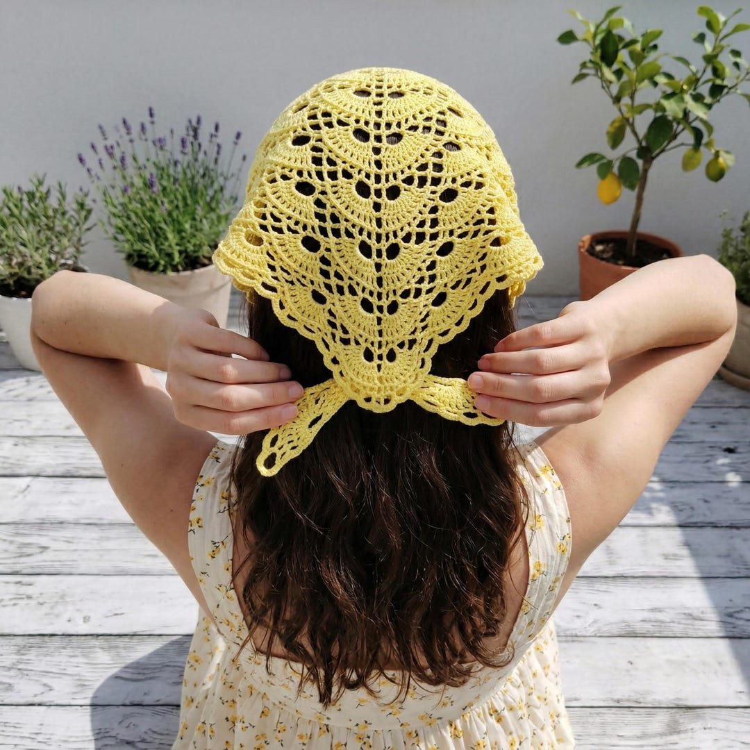 Crochet Bandana, Boho Triangle Headscarf, Yellow Cotton Kerchief ...