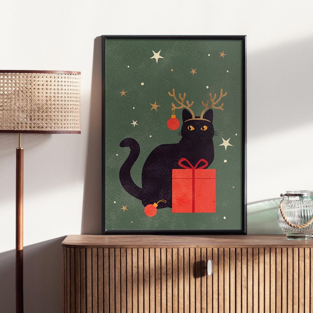 Christmas Cat Poster – Cute Holiday Wall Art, Cat With Present Decor ...