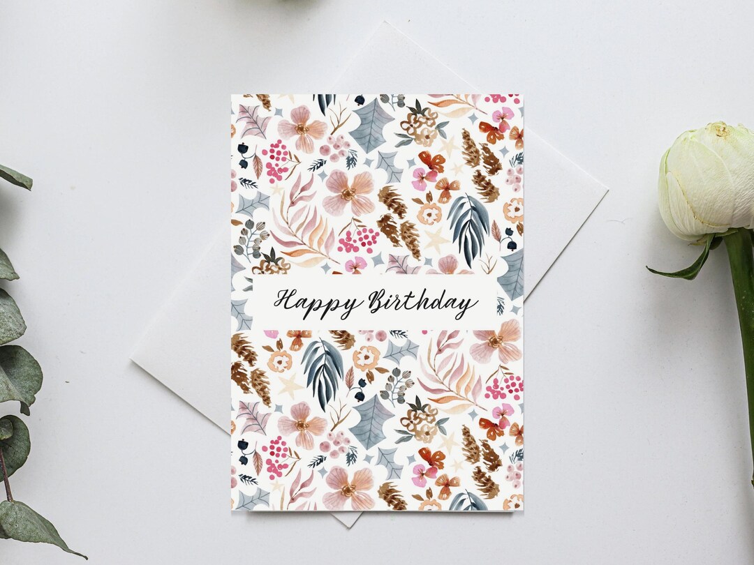 Printable Birthday Card, Happy Birthday Card, Autumn Floral Card ...