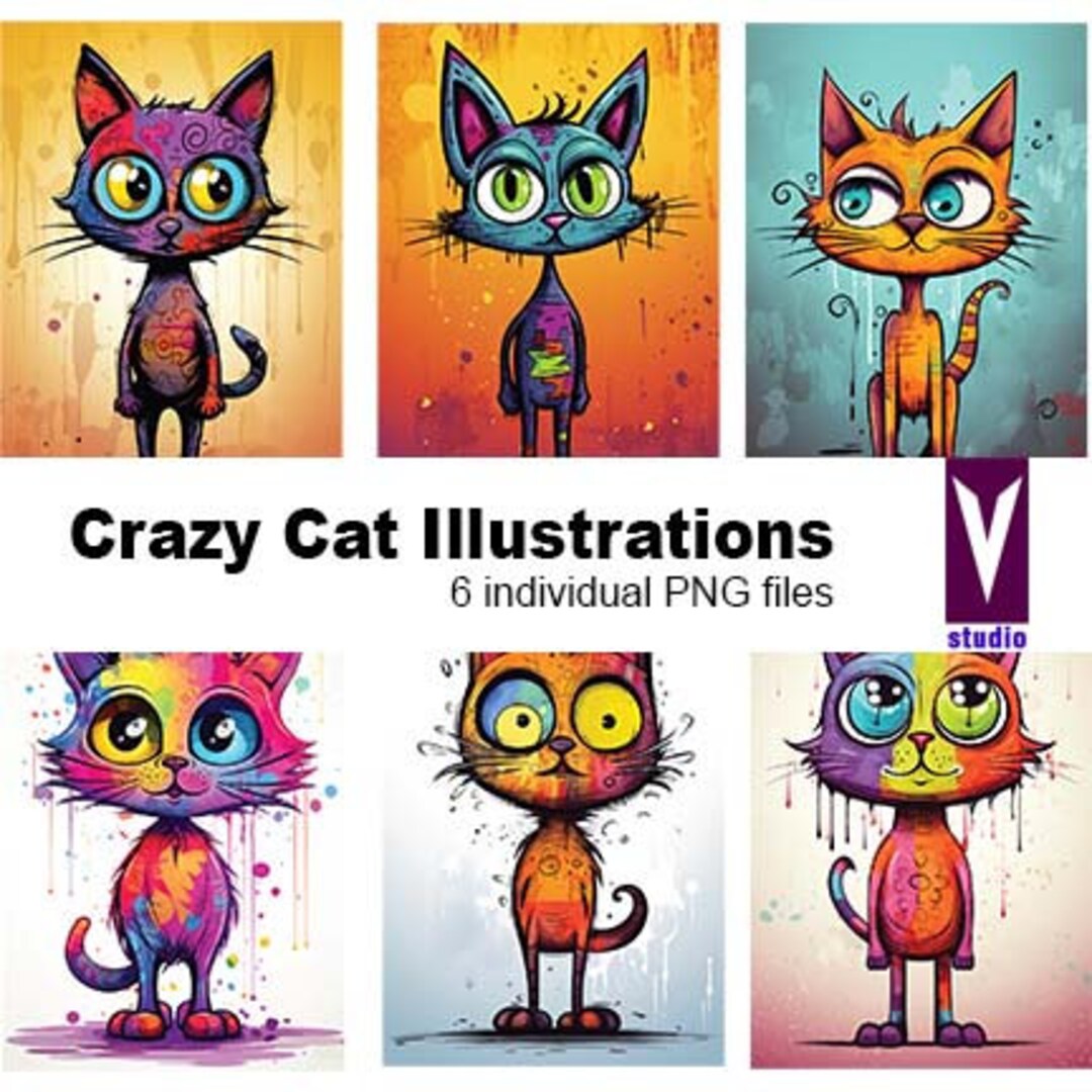 Crazy Cat Digital Illustration - 6 PNG Files - Etsy