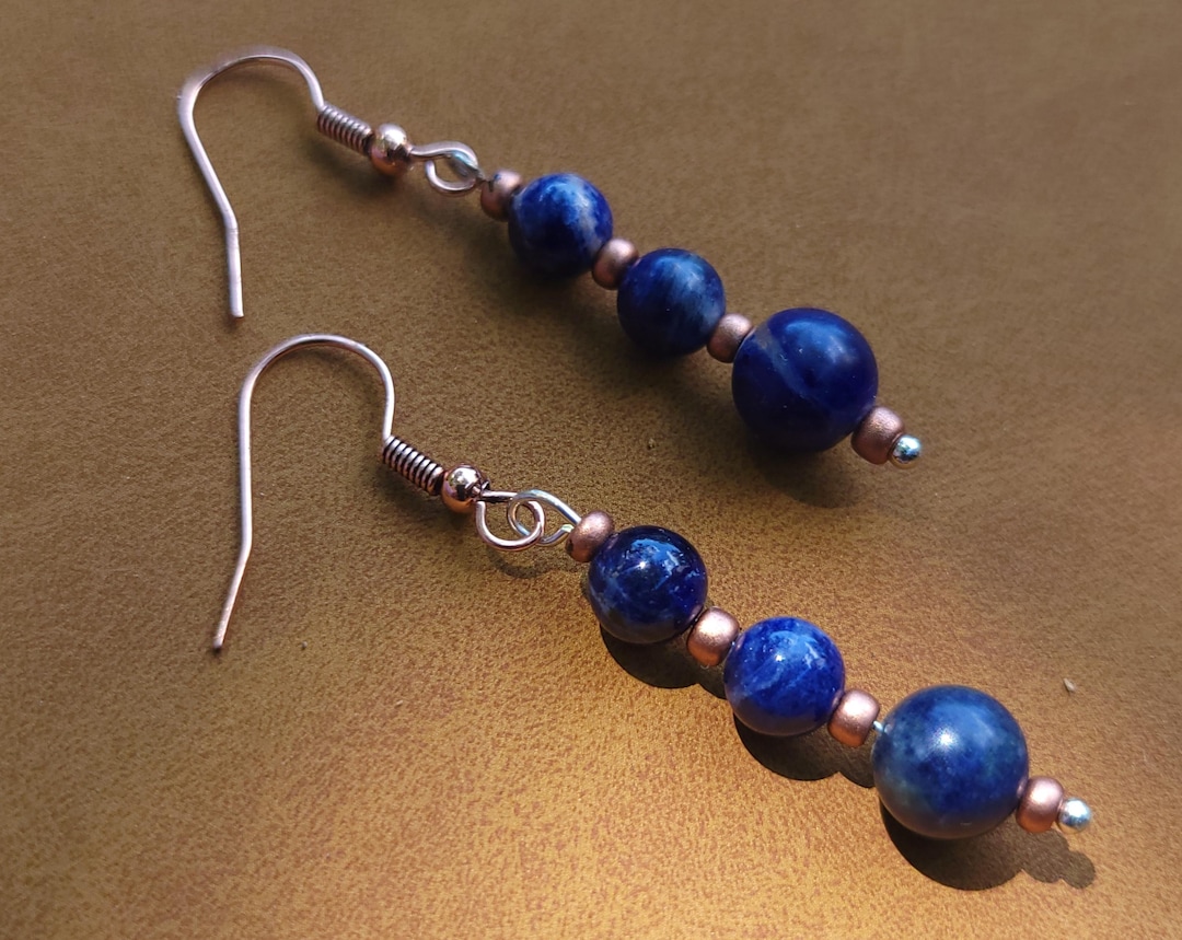 Triple Drop Round Lapis Azuli Stone Earrings - Etsy
