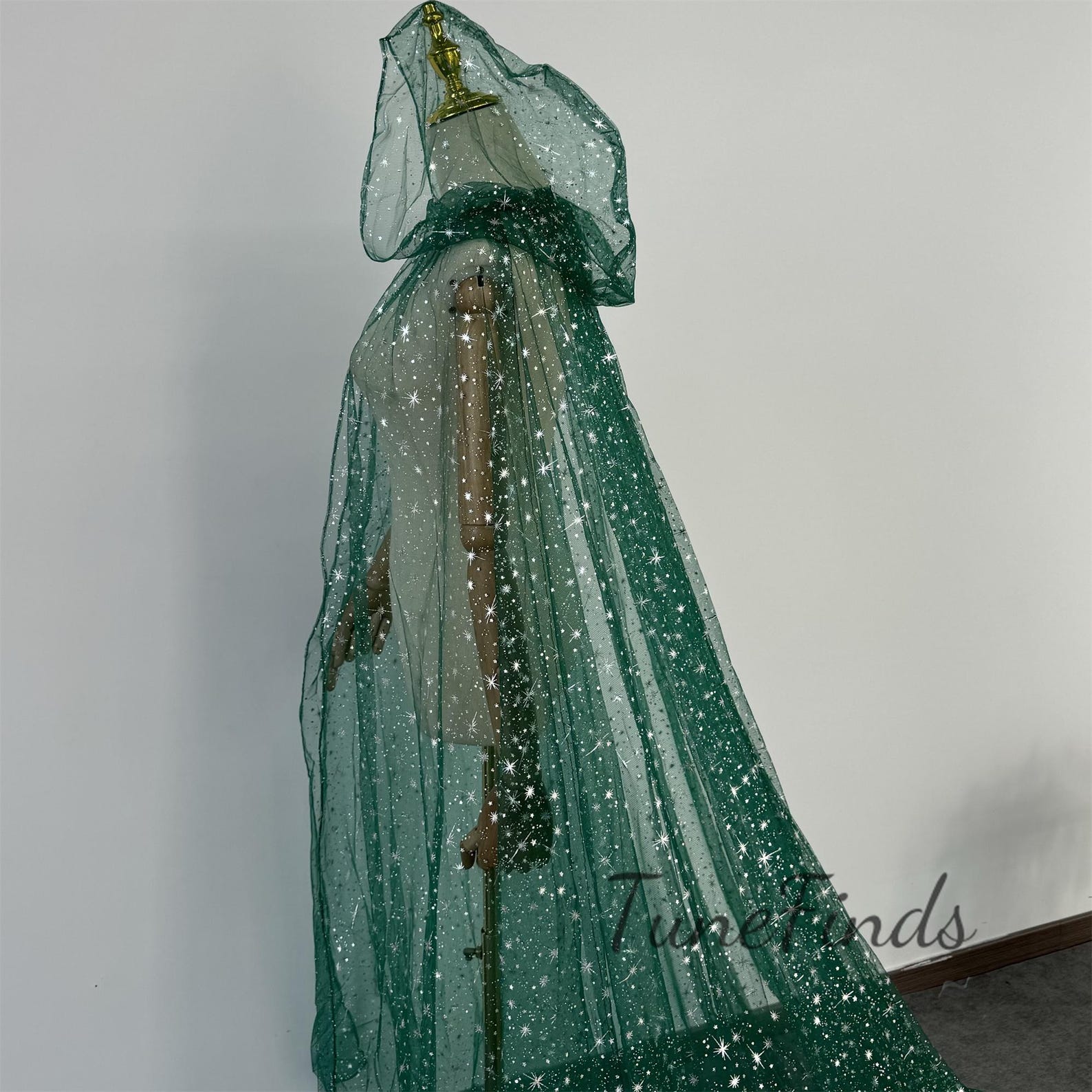 Dark Green Tulle Cape, Shiny Glitter Tulle Cape, Hooded Cape, Wedding ...