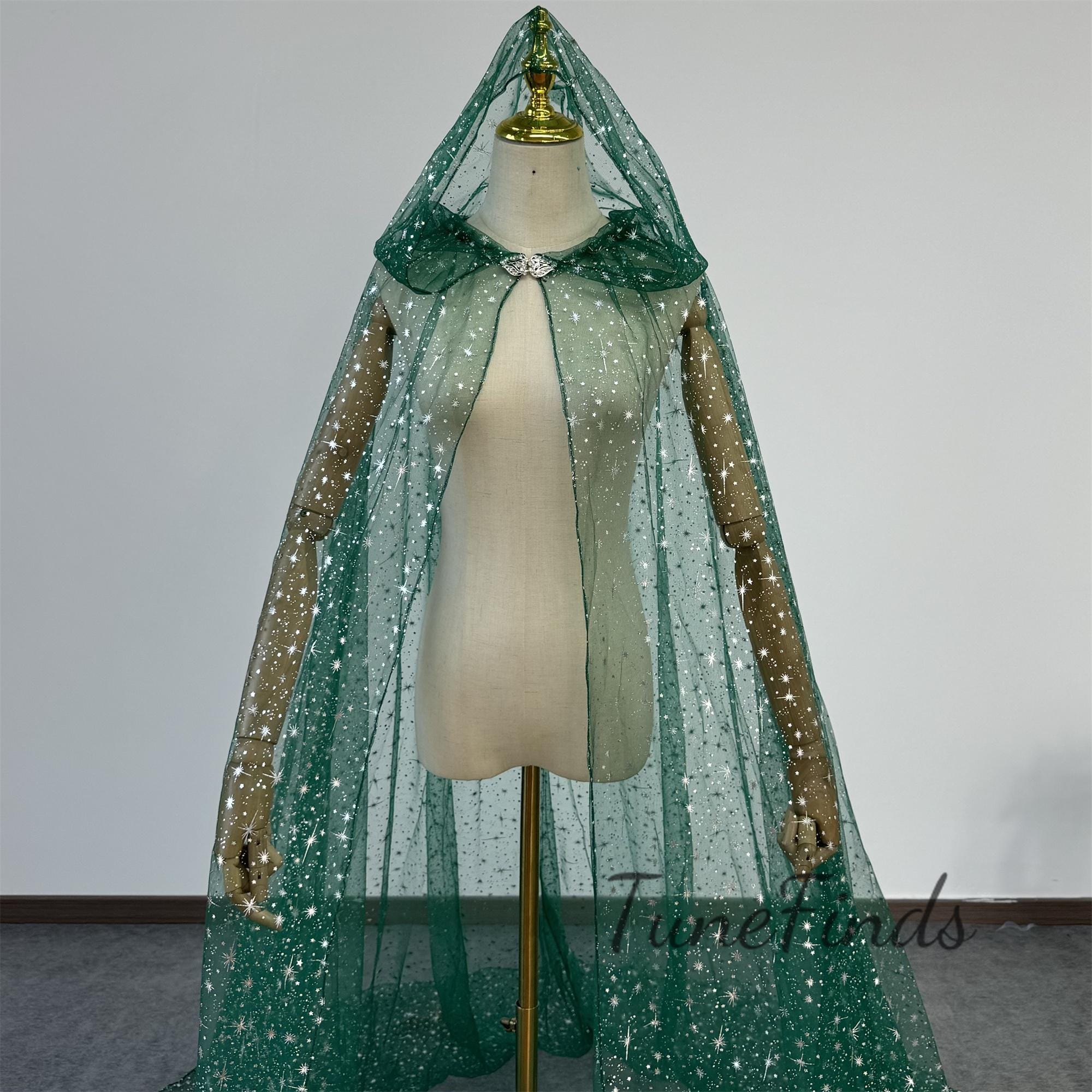 Dark Green Tulle Cape, Shiny Glitter Tulle Cape, Hooded Cape, Wedding ...