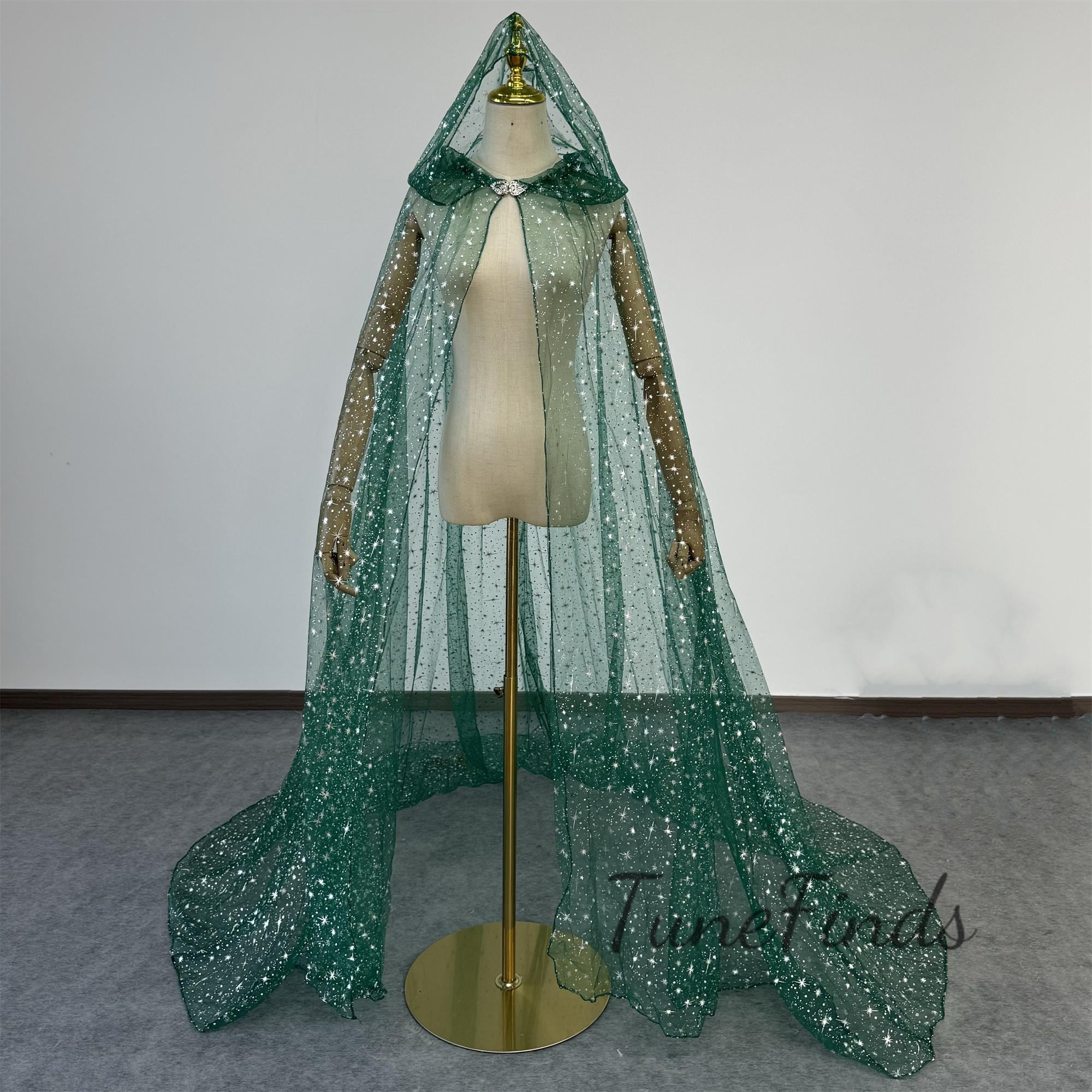Dark Green Tulle Cape, Shiny Glitter Tulle Cape, Hooded Cape, Wedding ...