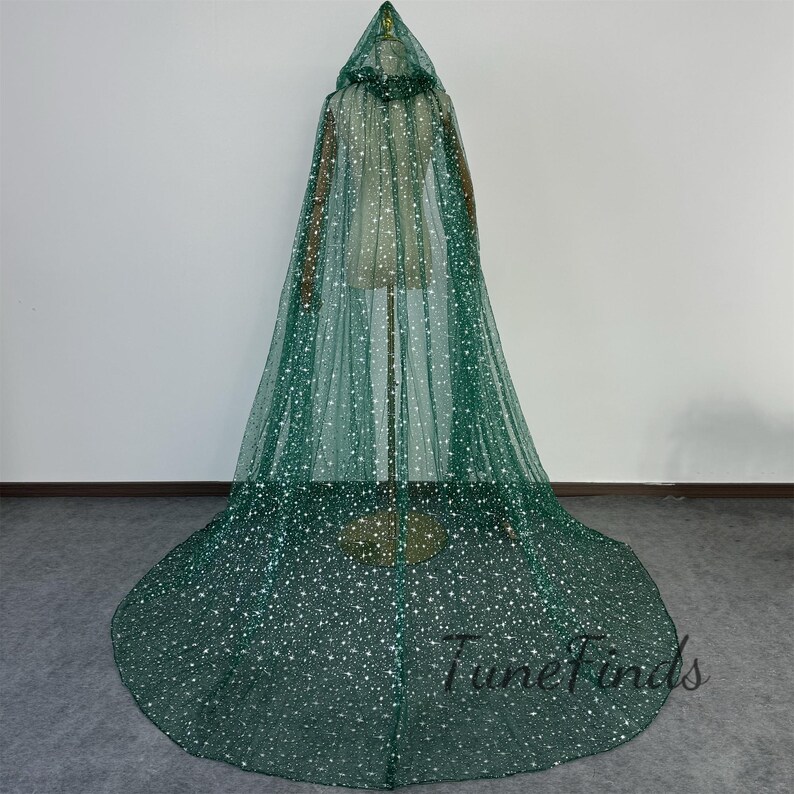 Dark Green Tulle Cape, Shiny Glitter Tulle Cape, Hooded Cape, Wedding ...