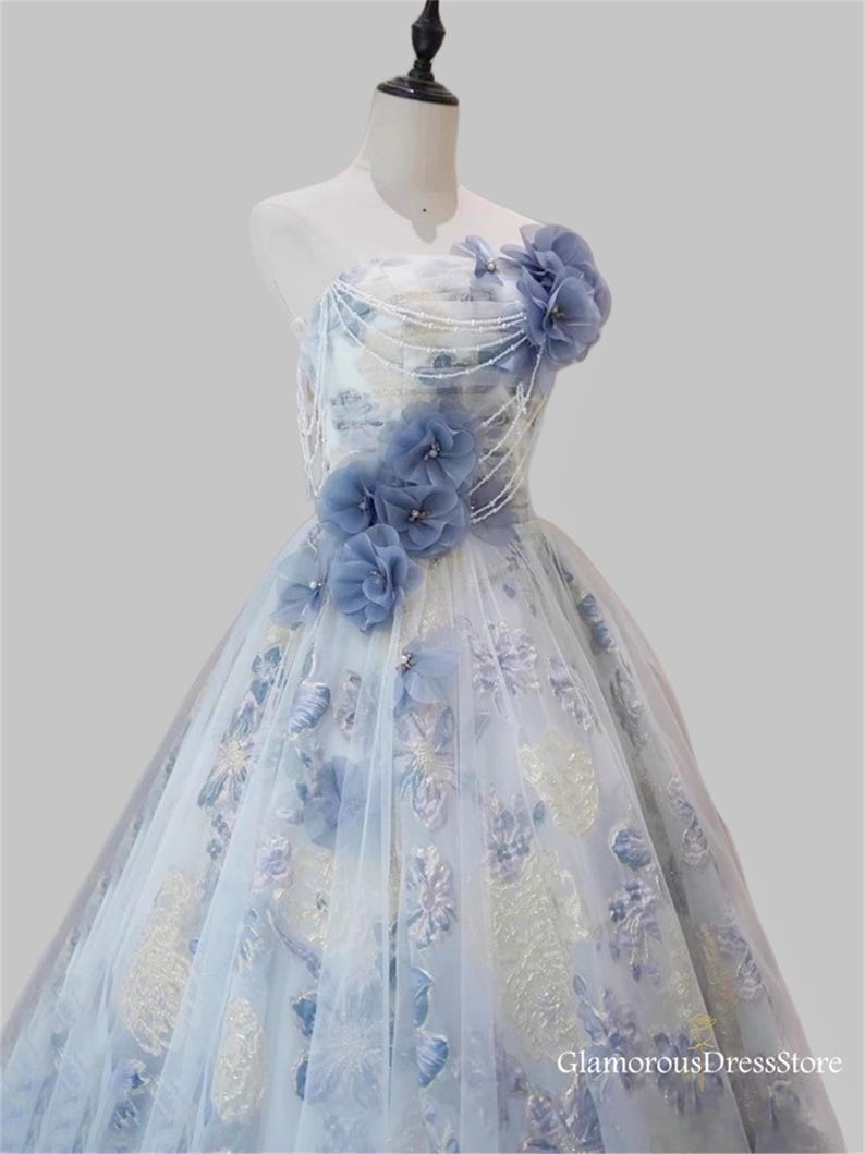Dusty Blue Prom Dress Floor Length 3d Flower Formal Dress Tulle Dress ...