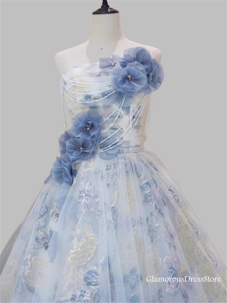 Dusty Blue Prom Dress Floor Length 3d Flower Formal Dress Tulle Dress ...