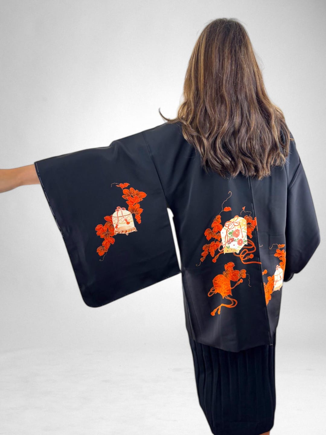 Japanese Kimono Haori Jacket, Black Haori With Vibrant Designs ...