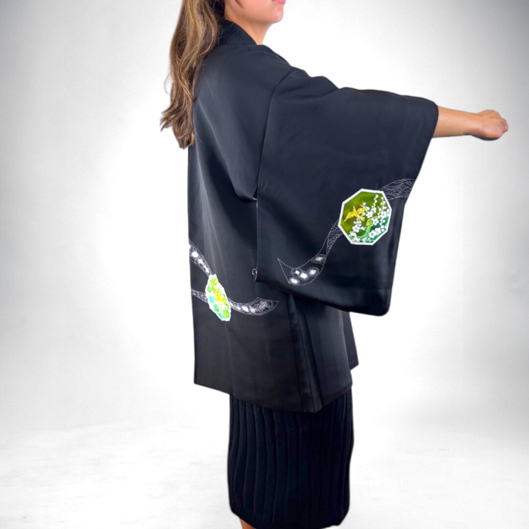 Japanese Kimono Haori Jacket, Black Haori With Vibrant Designs ...