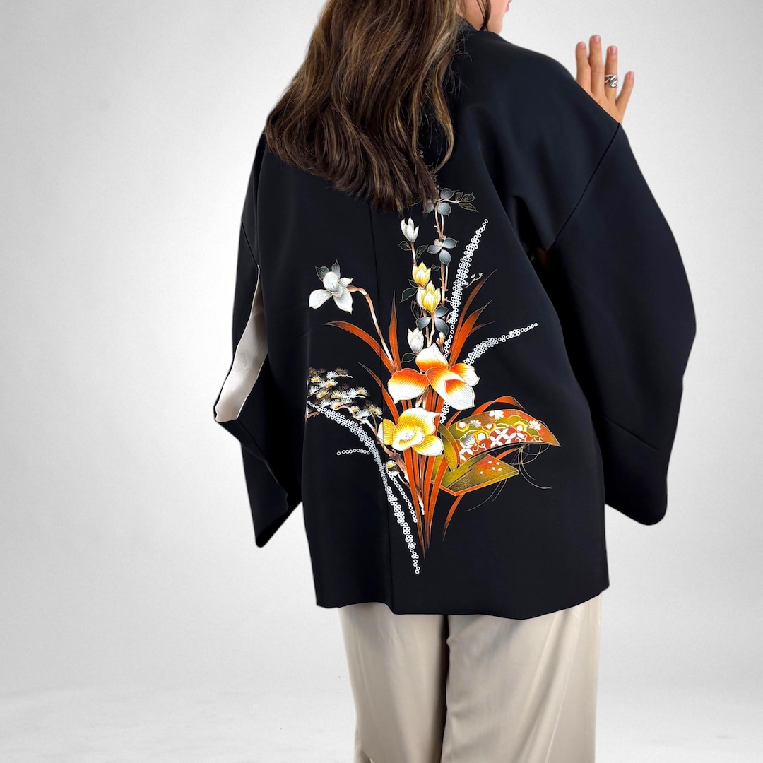 Japanese Kimono Haori Jacket, Black Haori With Vibrant Designs ...