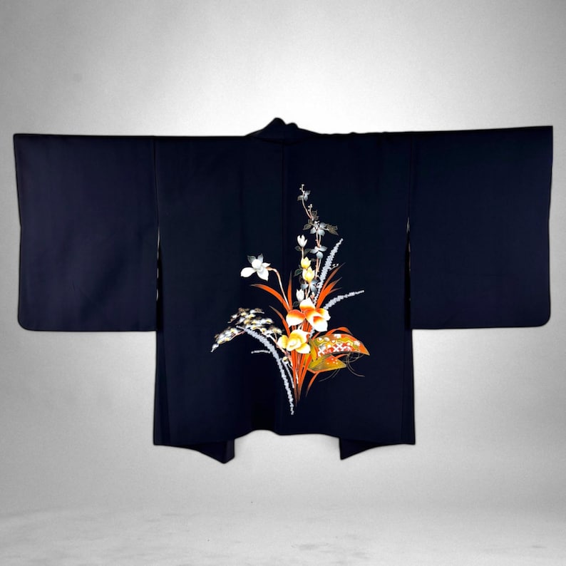 Japanese Kimono Haori Jacket, Black Haori With Vibrant Designs ...