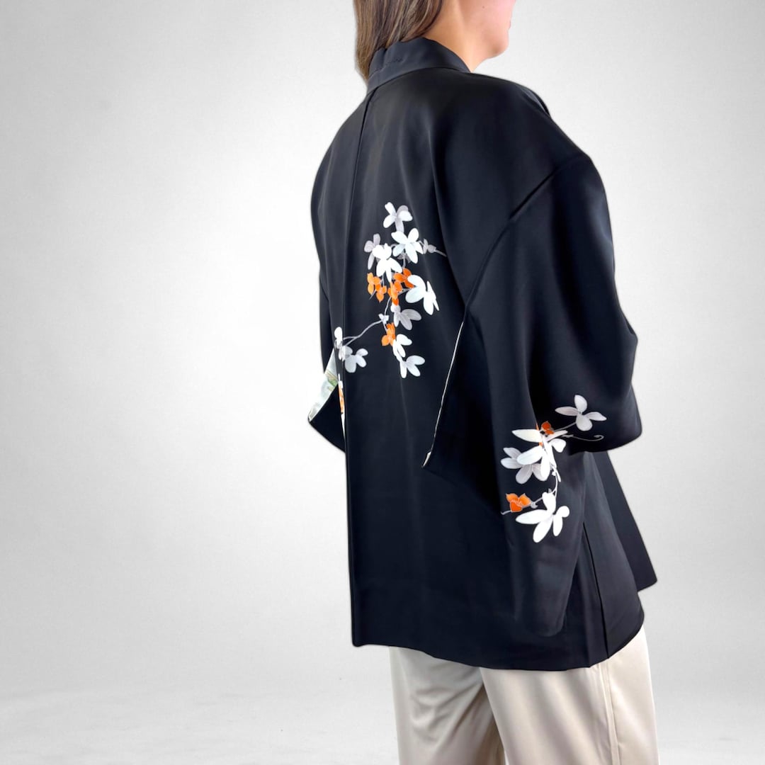 Japanese Kimono Haori Jacket, Black Haori With Vibrant Designs ...