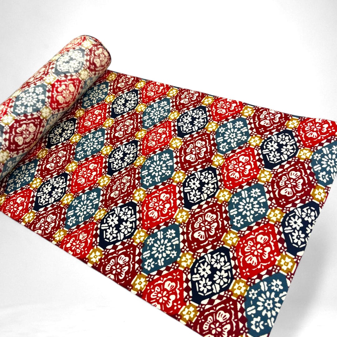 Vintage Japanese Cotton Fabric Roll – Floral Geometric Pattern in Red ...