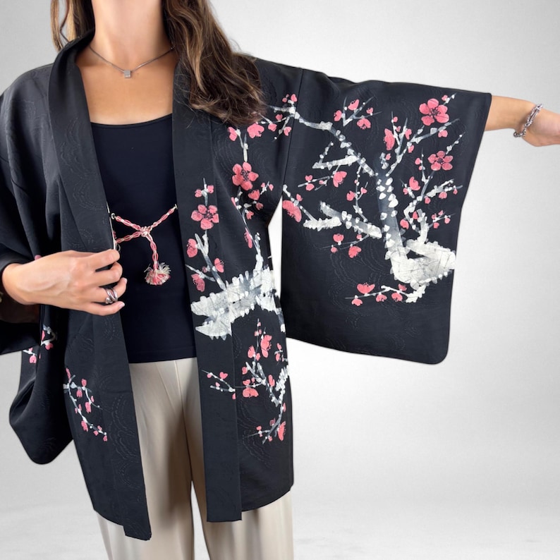 Japanese Kimono Haori Jacket, Black Haori With Vibrant Designs ...