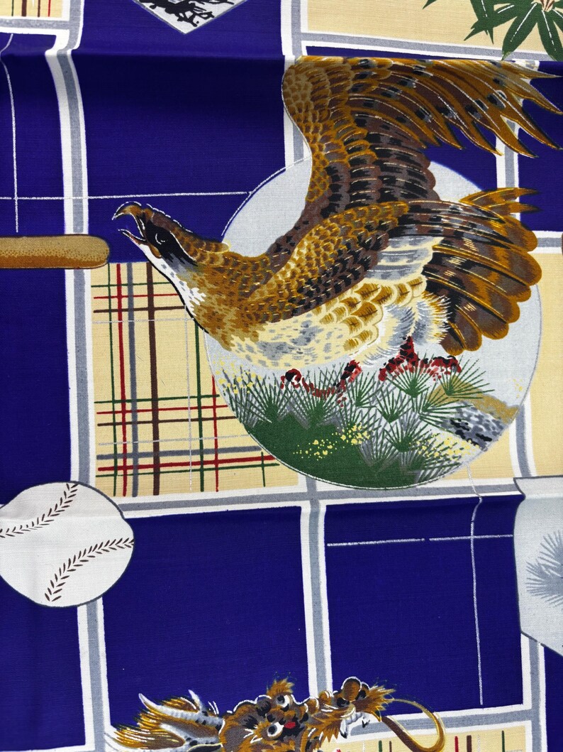 Vintage Japanese Cotton Fabric – Dragon, Tiger, Hawk & Baseball Motif ...