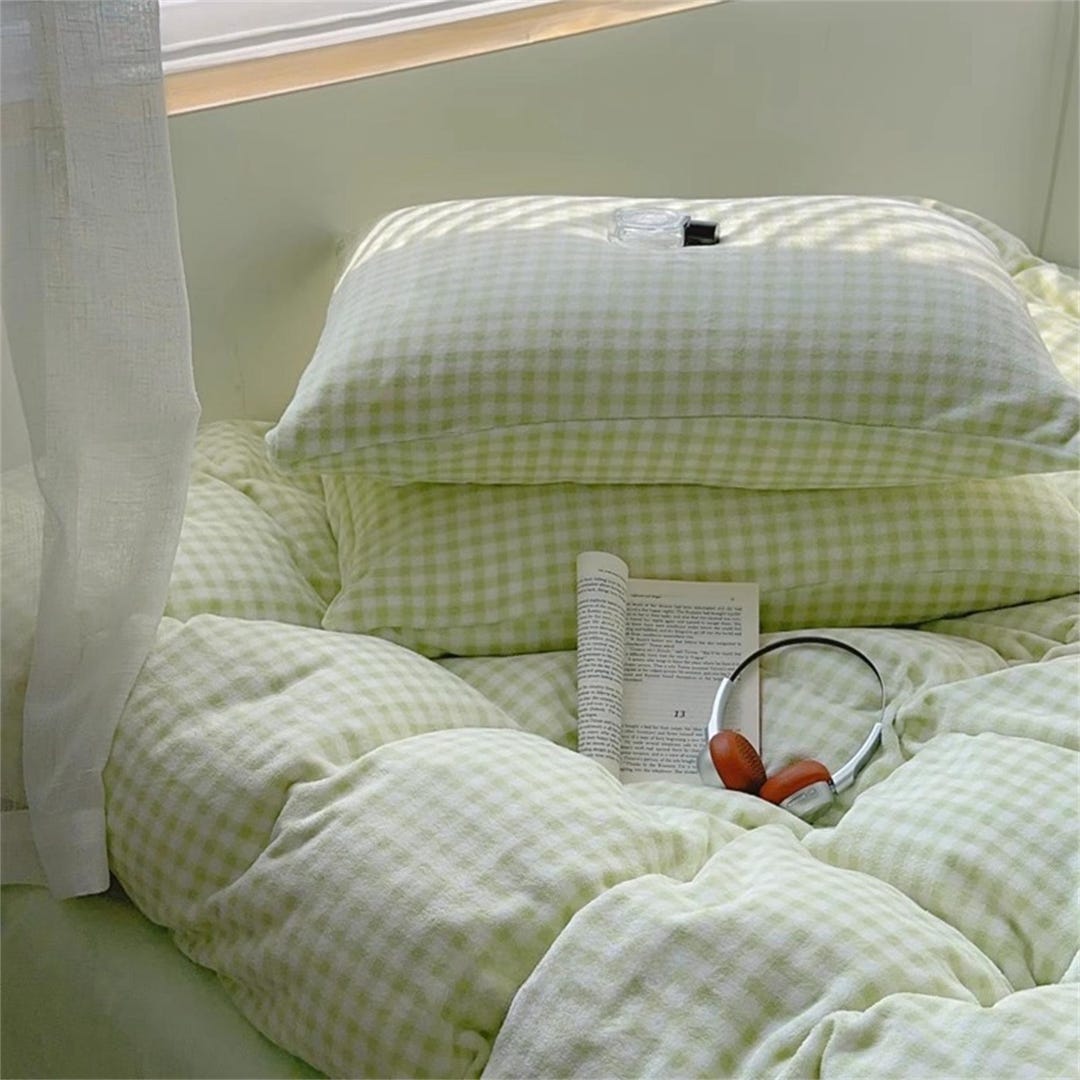 Light Green Gingham Duvet Cover Set Winter Milk Violet Bedding Set 4PCS ...