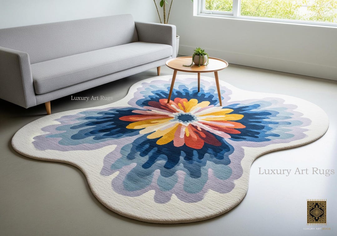 Hand-tufted Abstract Floral Rug | Unique Flower Design, Irregular Shape ...