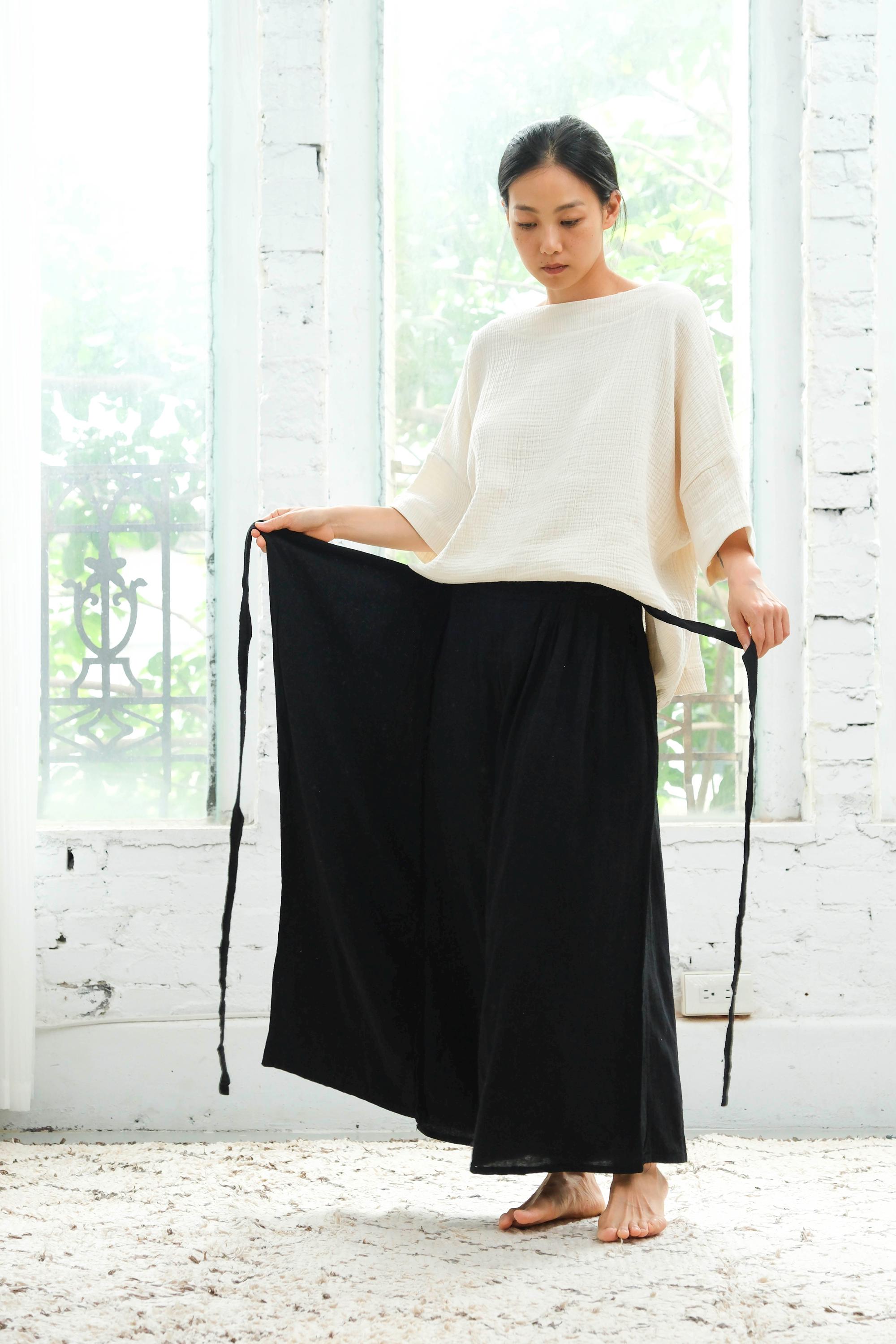 Black Wrap Front Wide-leg Pants With Side Tie - Relaxed Fit for Summer ...