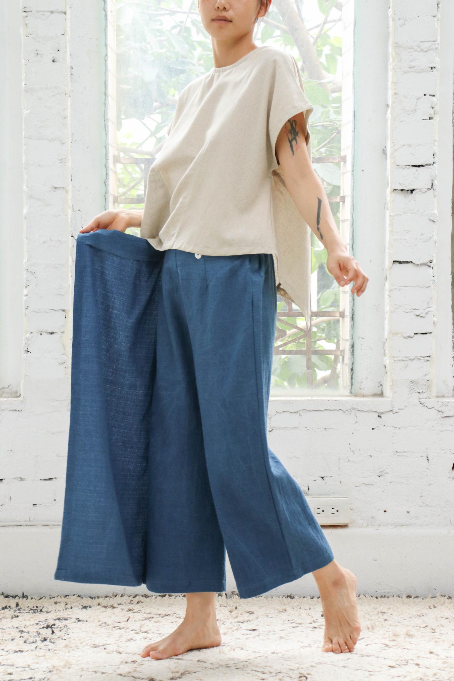 Washed Blue Front Button Wrap Wide-leg Pants - Textured Bamboo Weave ...