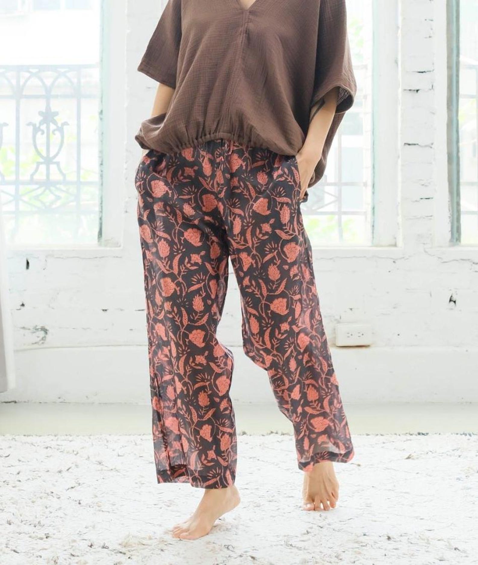 Ceylon Floral India Block Print Pants Boho Style Lightweight Cotton ...
