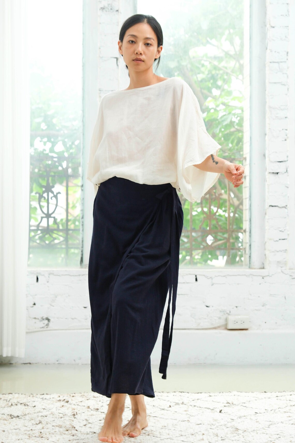 Navy Wrap Front Wide-leg Pants With Side Tie - Relaxed Fit for Summer ...