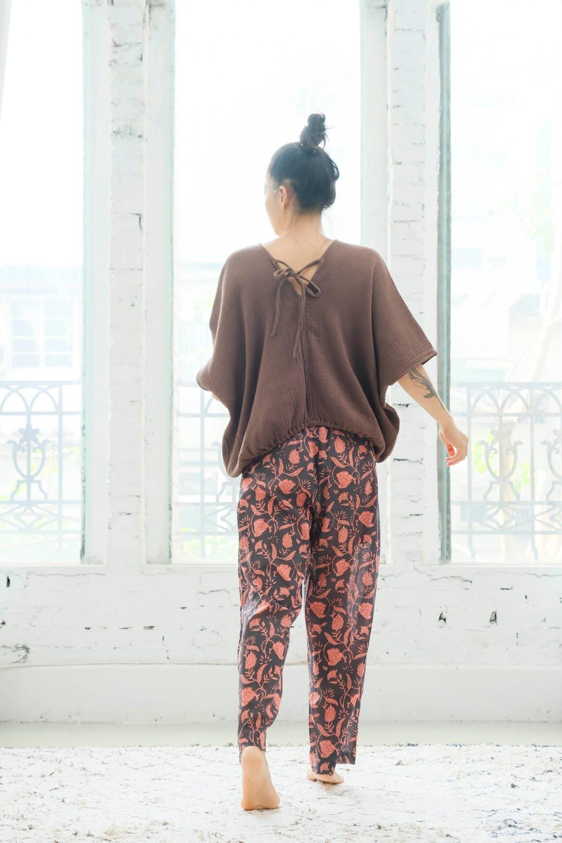 Ceylon Floral India Block Print Pants Boho Style Lightweight Cotton ...