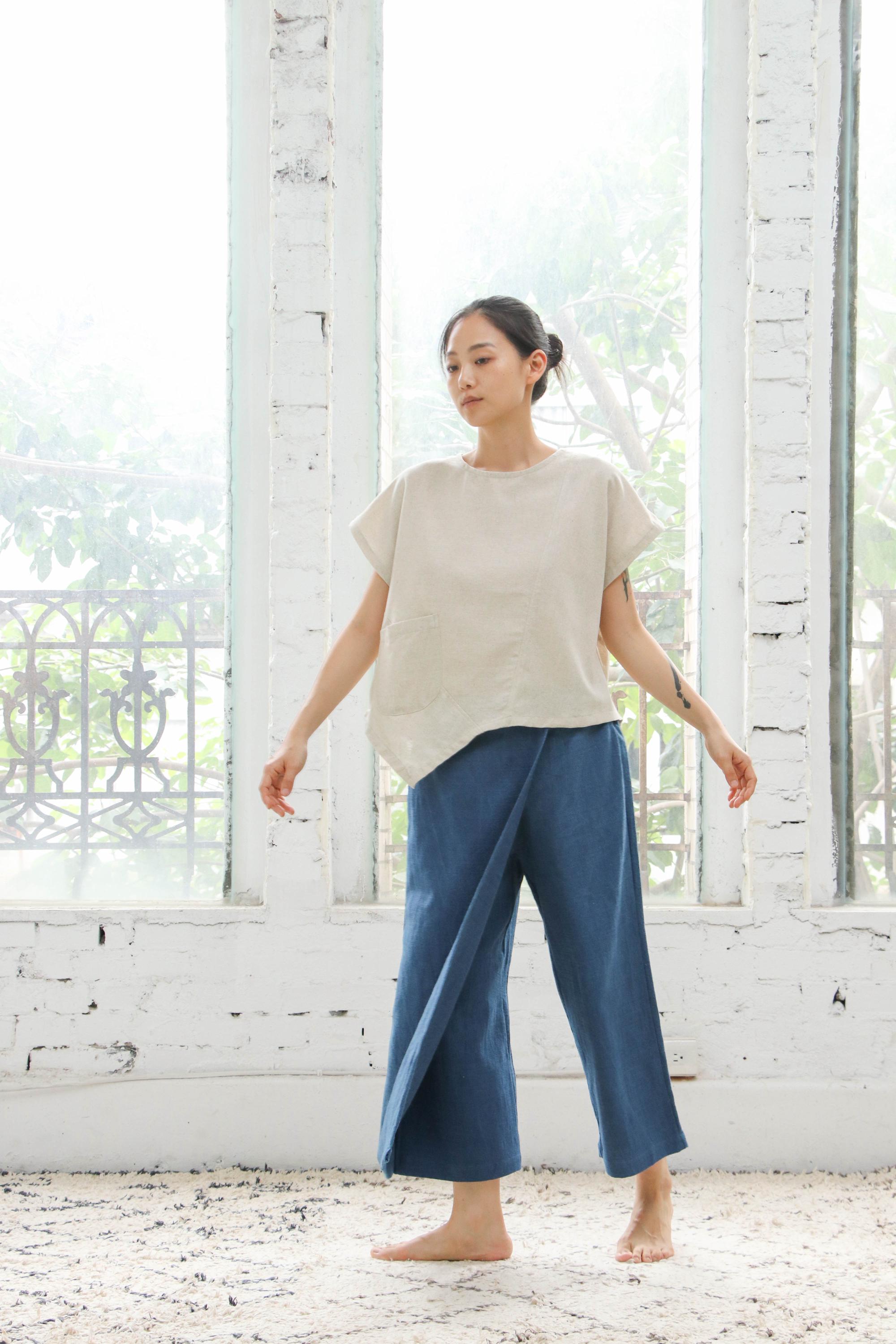 Washed Blue Front Button Wrap Wide-leg Pants - Textured Bamboo Weave ...