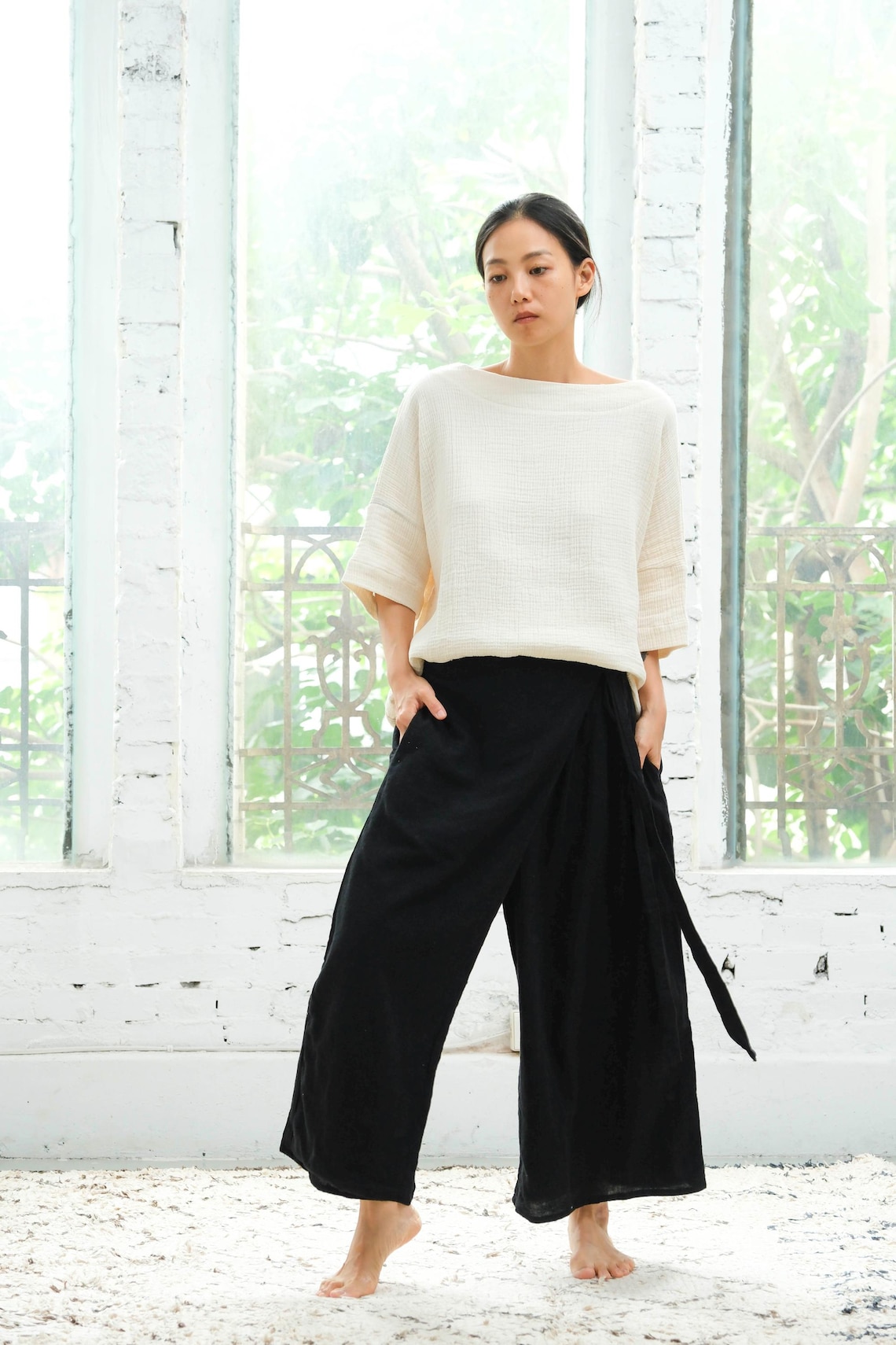 Black Wrap Front Wide-leg Pants With Side Tie - Relaxed Fit for Summer ...