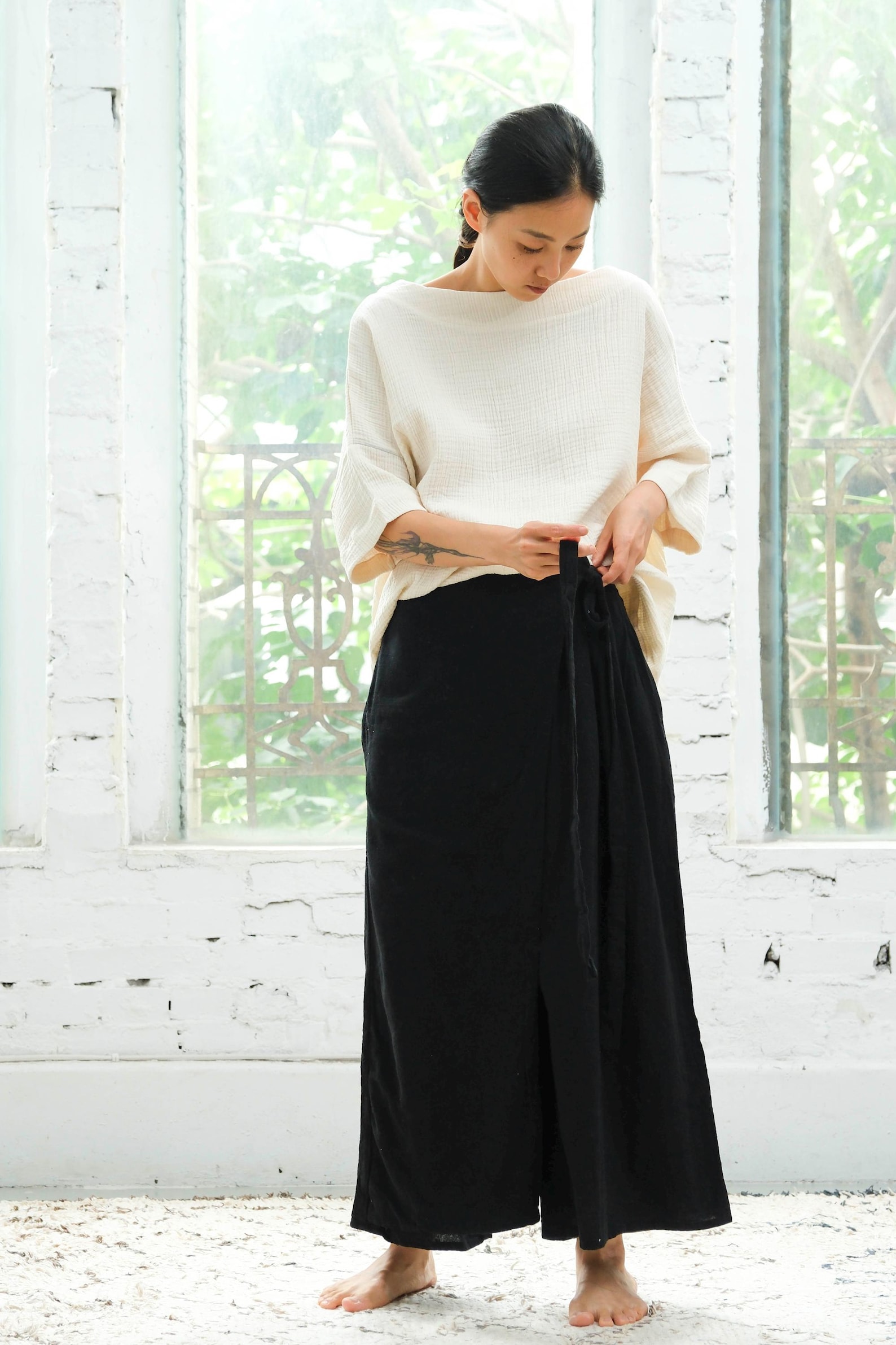 Black Wrap Front Wide-leg Pants With Side Tie - Relaxed Fit for Summer ...