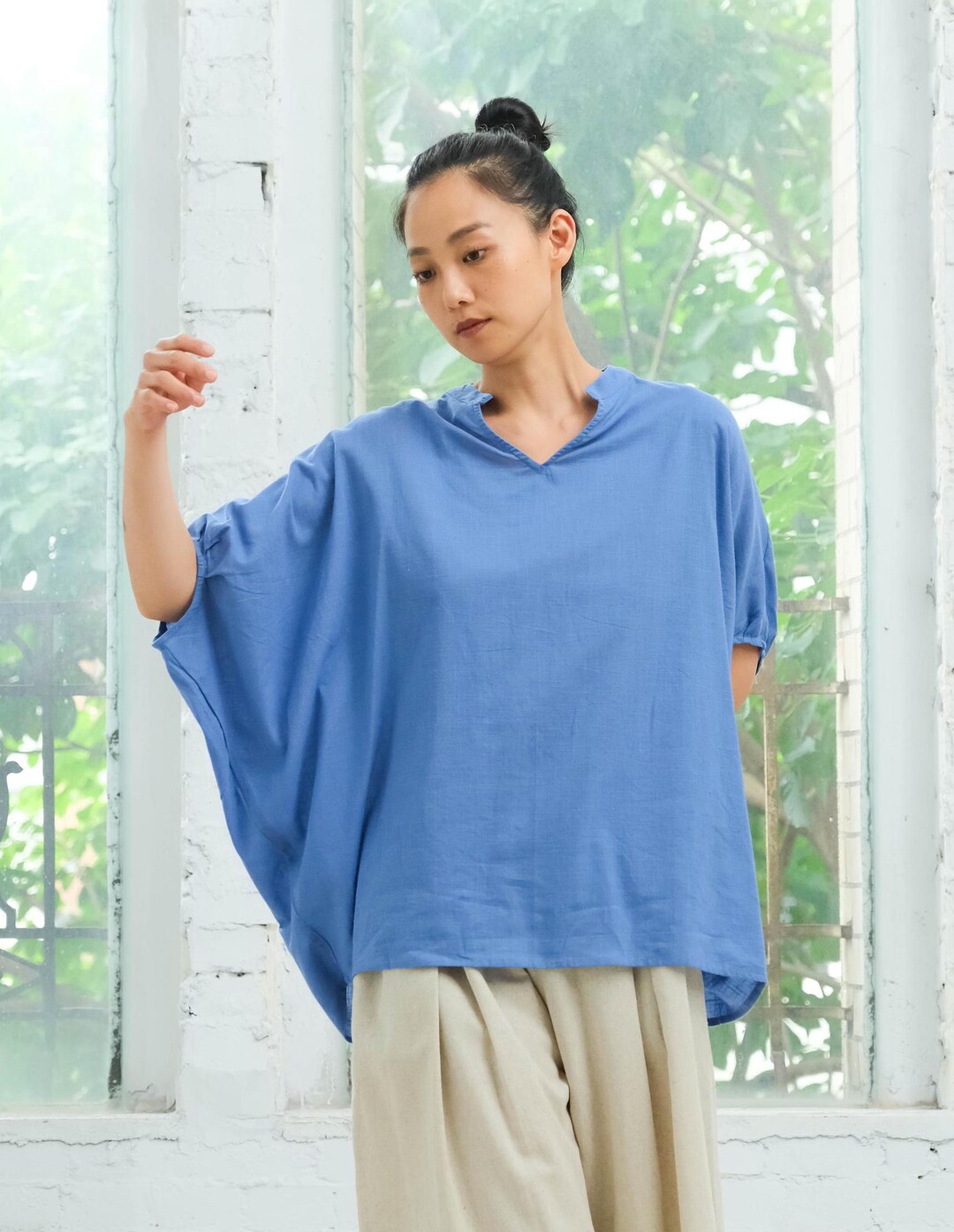 Sky Blue Keyhole Neckline Drop Shoulder Relaxed Tunic - Oversized ...