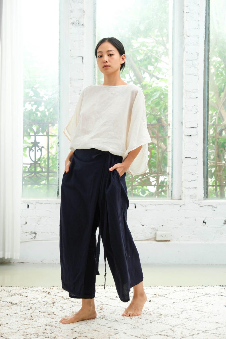 Navy Wrap Front Wide-leg Pants With Side Tie - Relaxed Fit for Summer ...