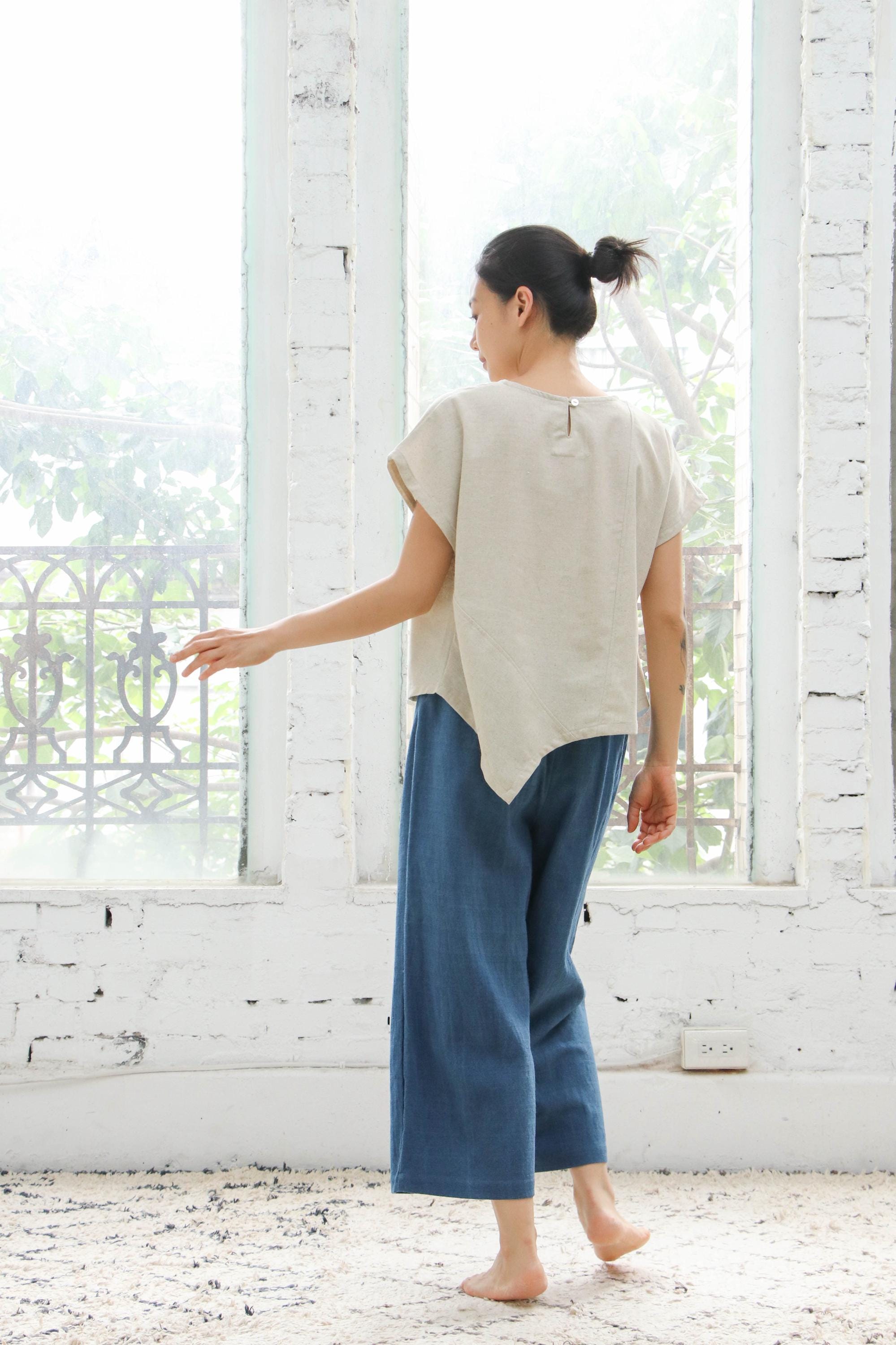 Washed Blue Front Button Wrap Wide-leg Pants - Textured Bamboo Weave ...