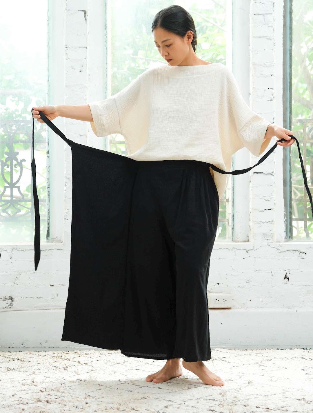Black Wrap Front Wide-leg Pants With Side Tie - Relaxed Fit for Summer ...