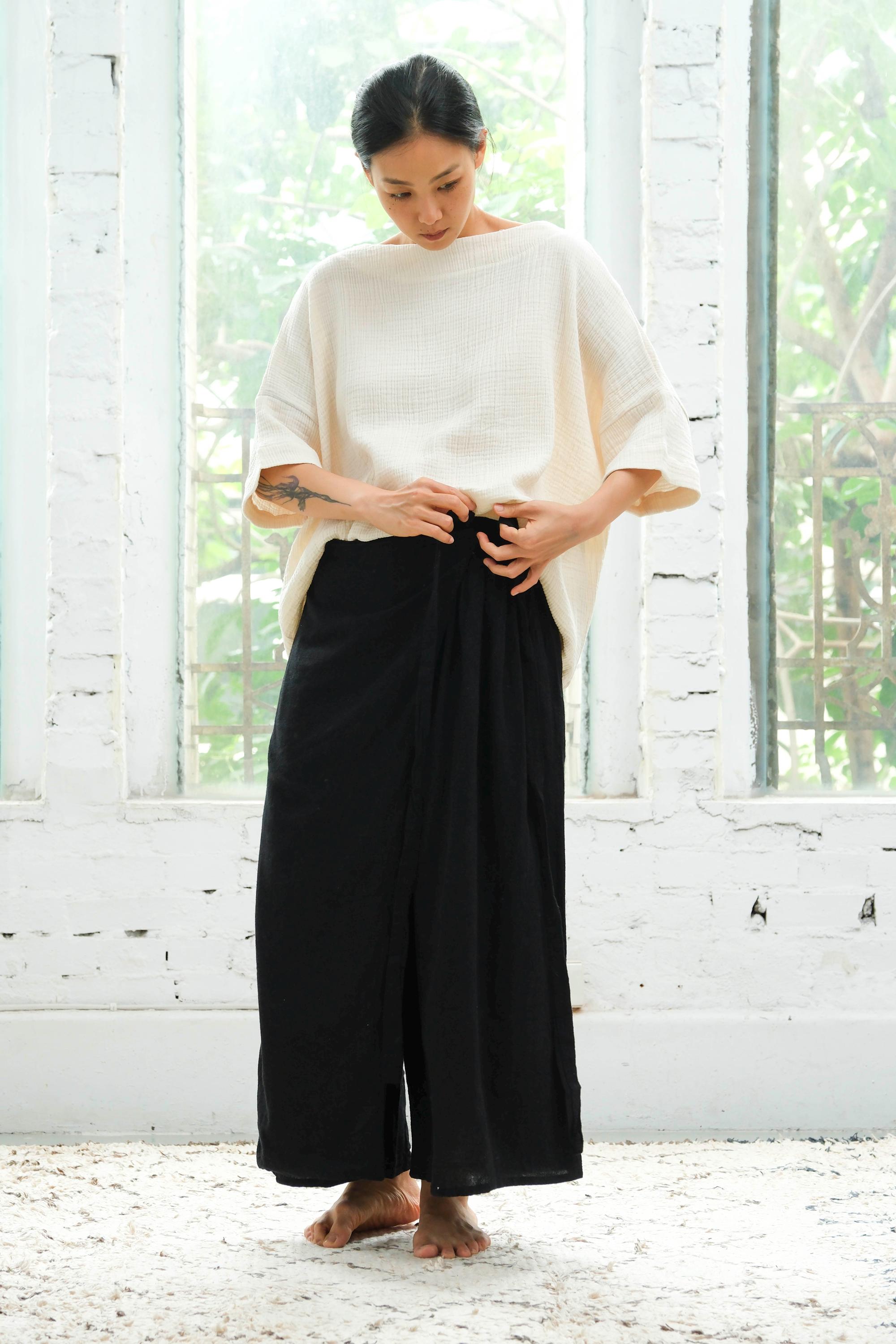 Black Wrap Front Wide-leg Pants With Side Tie - Relaxed Fit for Summer ...