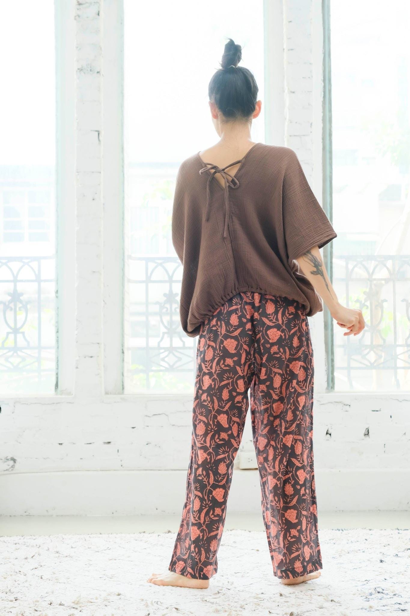 Ceylon Floral India Block Print Pants Boho Style Lightweight Cotton ...