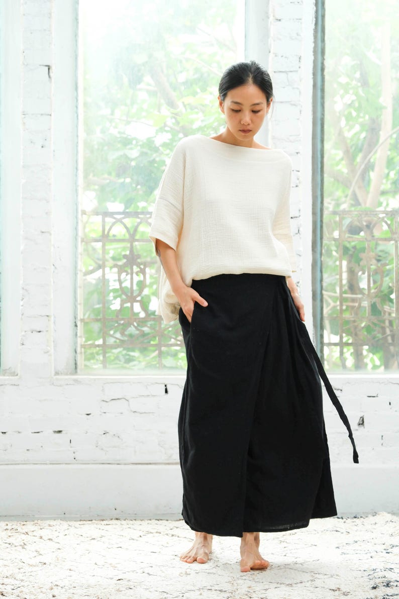 Black Wrap Front Wide-leg Pants With Side Tie - Relaxed Fit for Summer ...