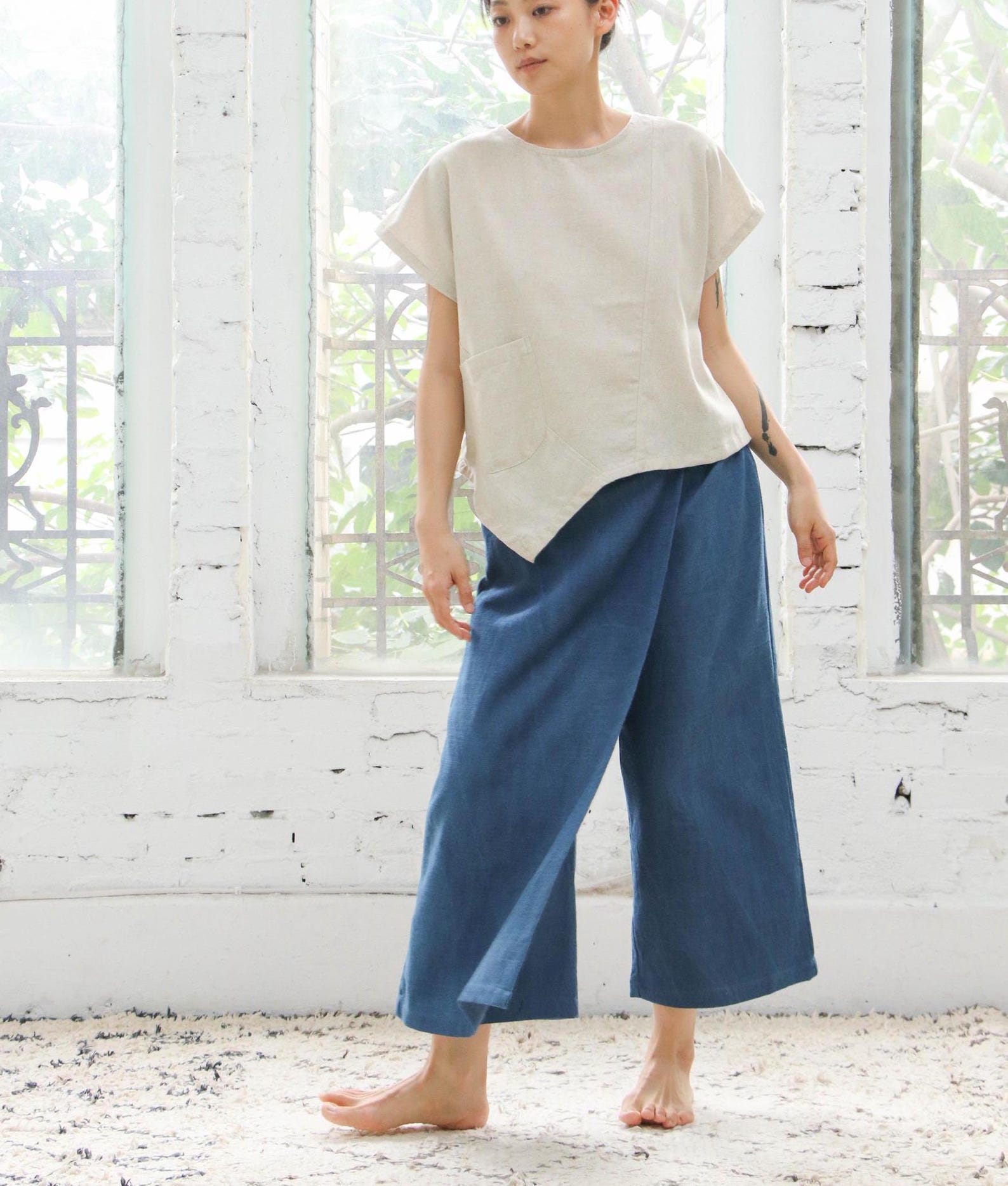 Washed Blue Front Button Wrap Wide-leg Pants - Textured Bamboo Weave ...
