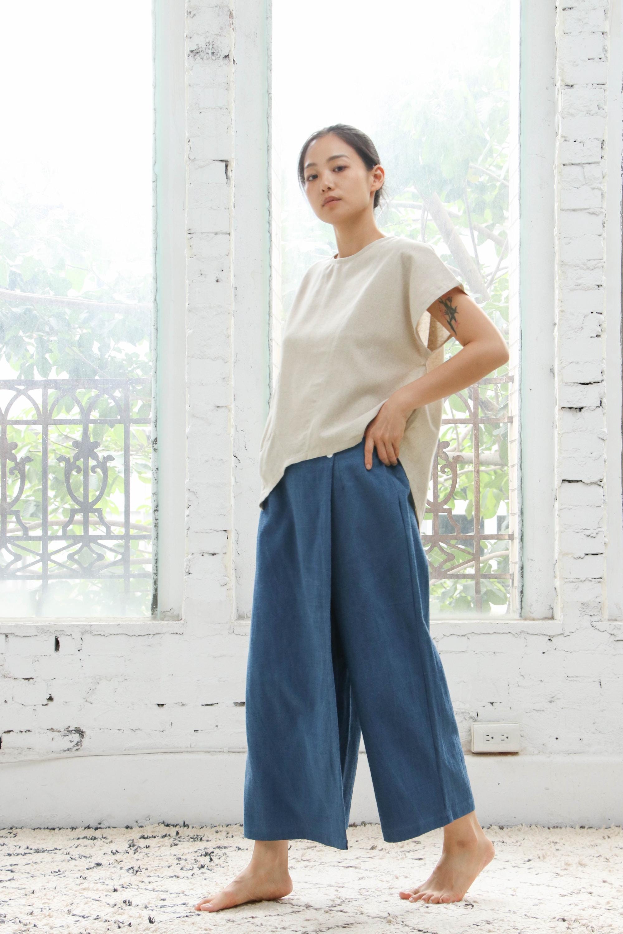 Washed Blue Front Button Wrap Wide-leg Pants - Textured Bamboo Weave ...