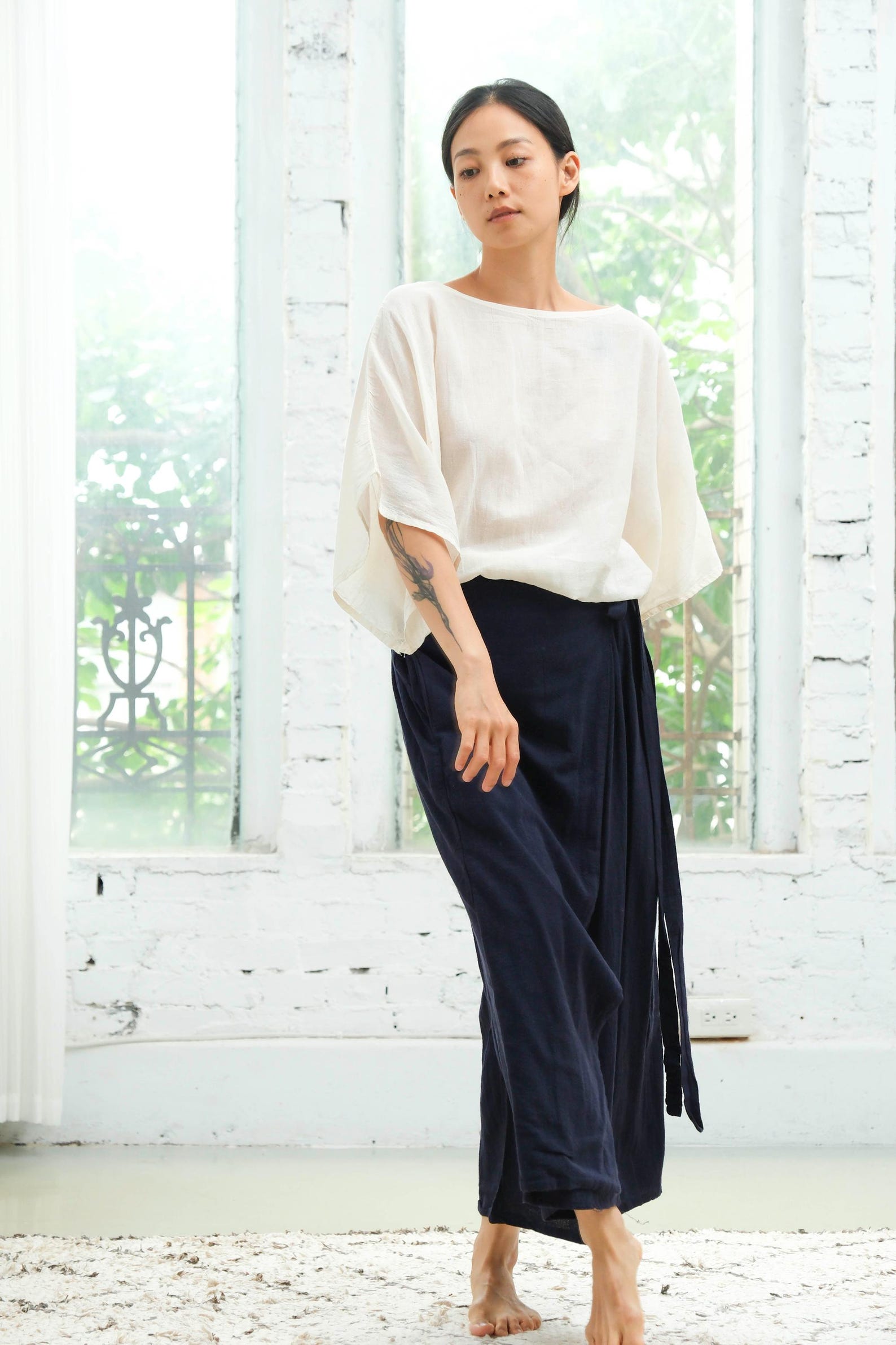 Navy Wrap Front Wide-leg Pants With Side Tie - Relaxed Fit for Summer ...