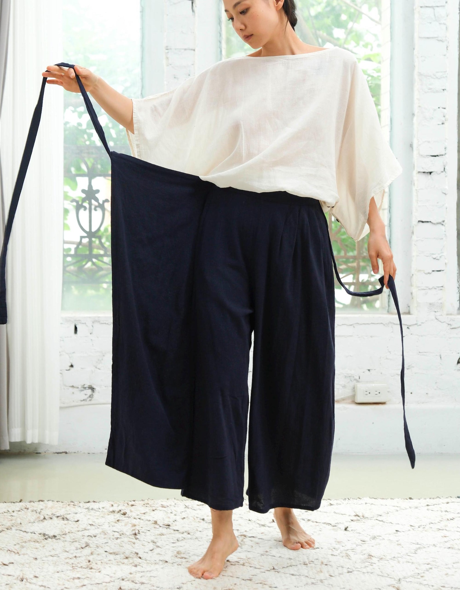 Navy Wrap Front Wide-leg Pants With Side Tie - Relaxed Fit for Summer ...