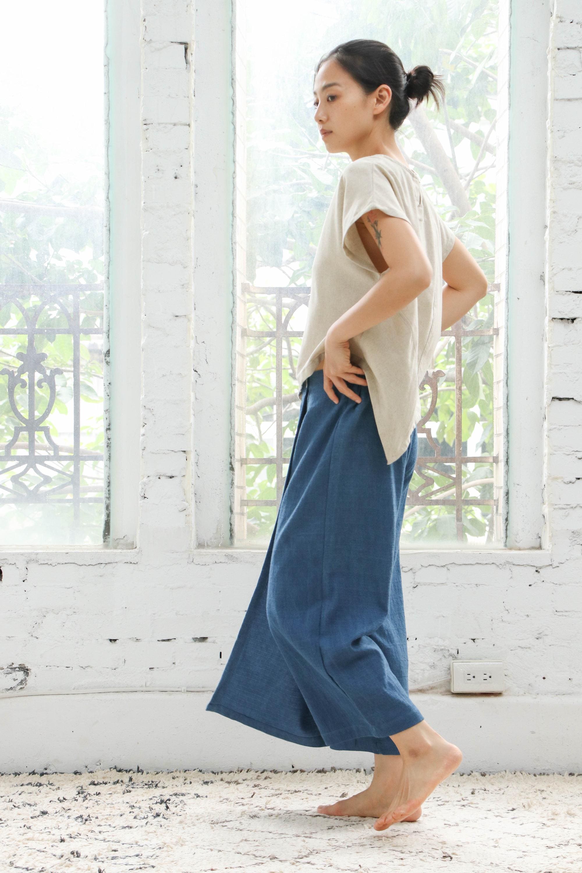 Washed Blue Front Button Wrap Wide-leg Pants - Textured Bamboo Weave ...