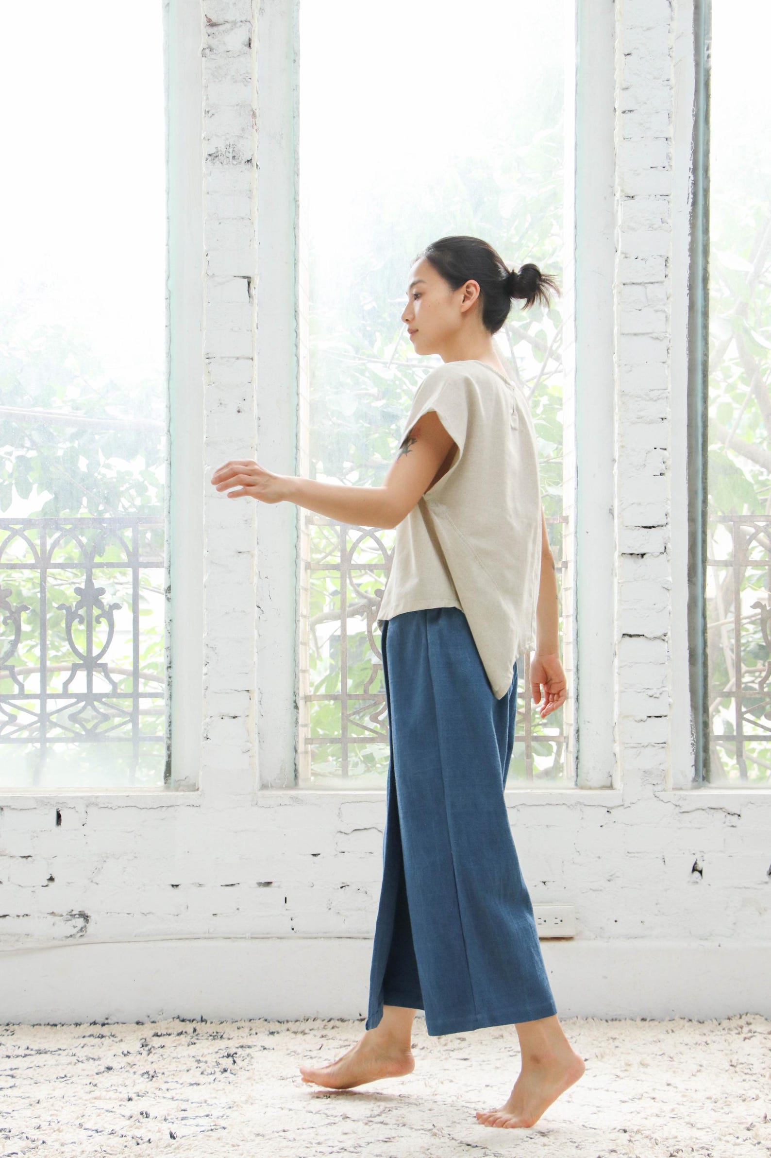 Washed Blue Front Button Wrap Wide-leg Pants - Textured Bamboo Weave ...