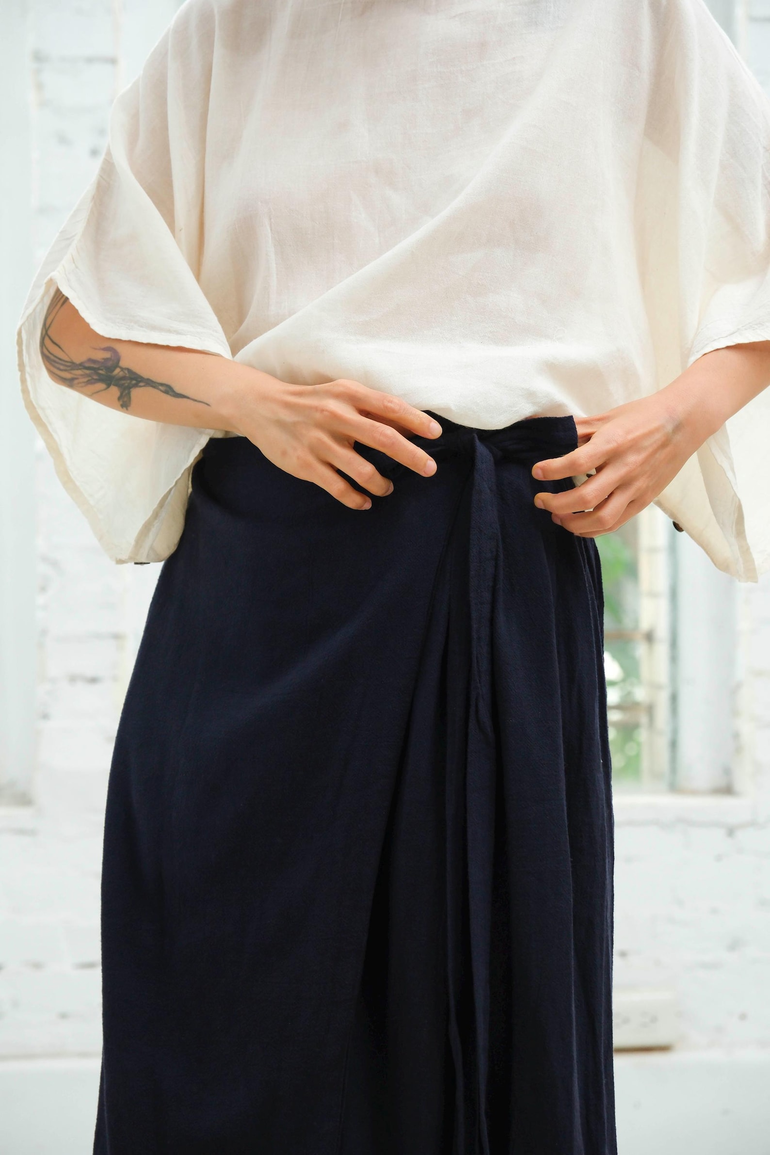 Navy Wrap Front Wide-leg Pants With Side Tie - Relaxed Fit for Summer ...