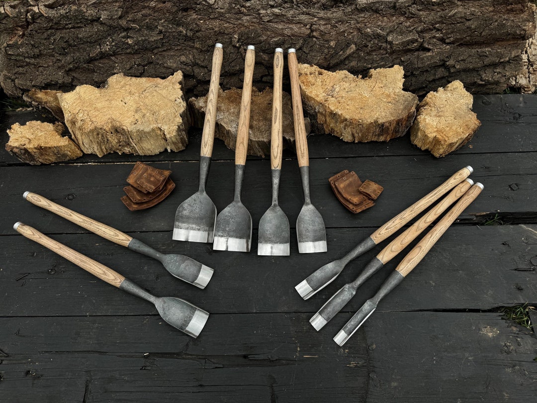 Hand-forged Timber Rounded Chisels, Set 9 Pcs. Carpenters Slick Chisels ...