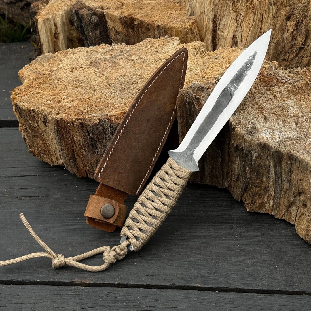 Hand-forged Throwing Knife With Leather Cover. Camping Tool. Paracord ...