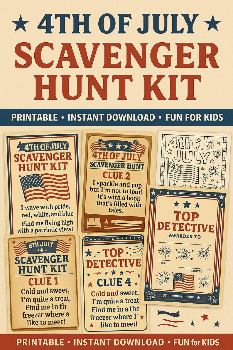 4th of July Scavenger Hunt Printable Game for Kids – Retro Clue Cards ...
