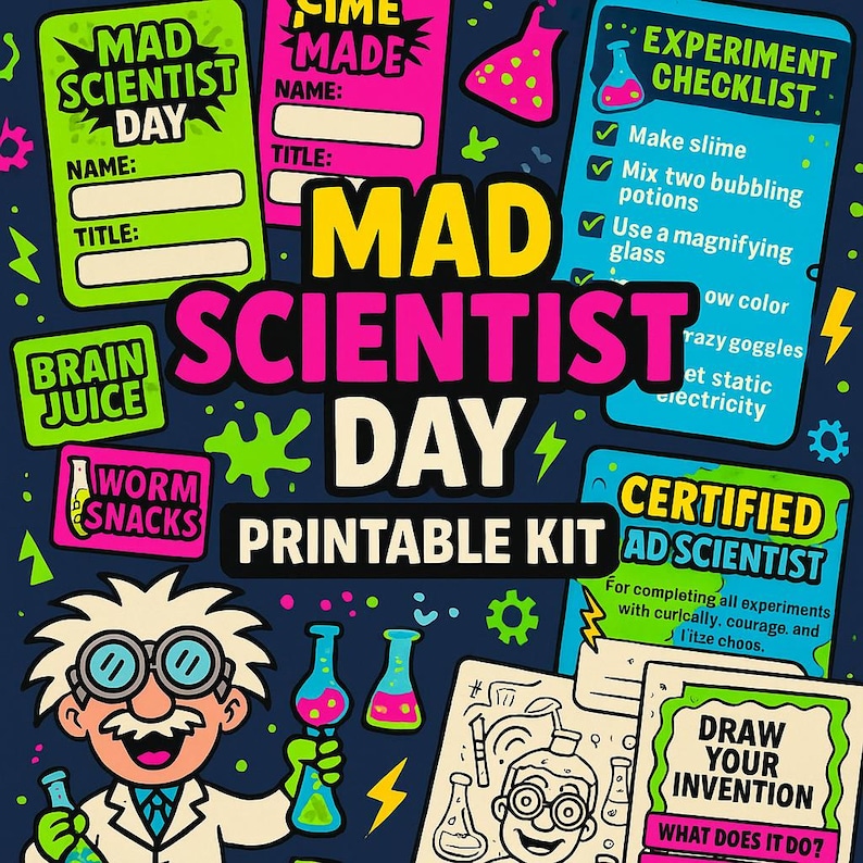 Mad Scientist Printable Kit: STEM Party Games, Badges, Decor (instant ...