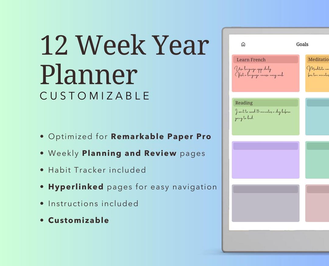 Customizable 12 Week Year Planner Template for Remarkable Paper Pro - Etsy