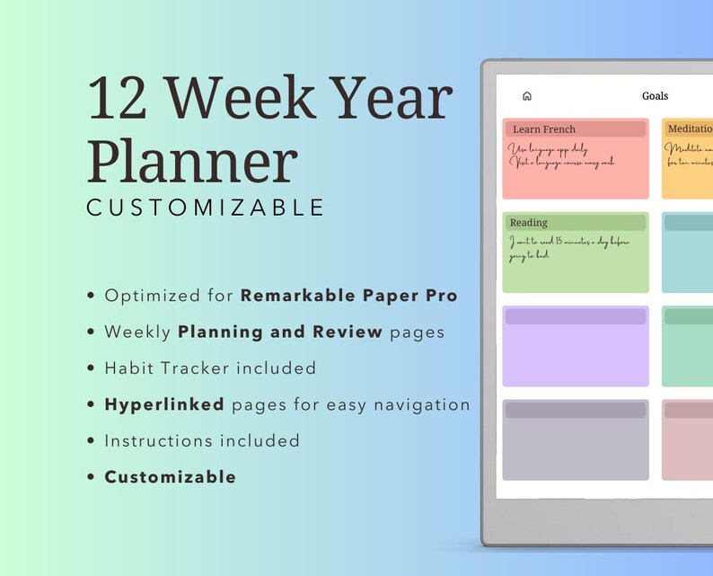 Customizable 12 Week Year Planner Template for Remarkable Paper Pro - Etsy