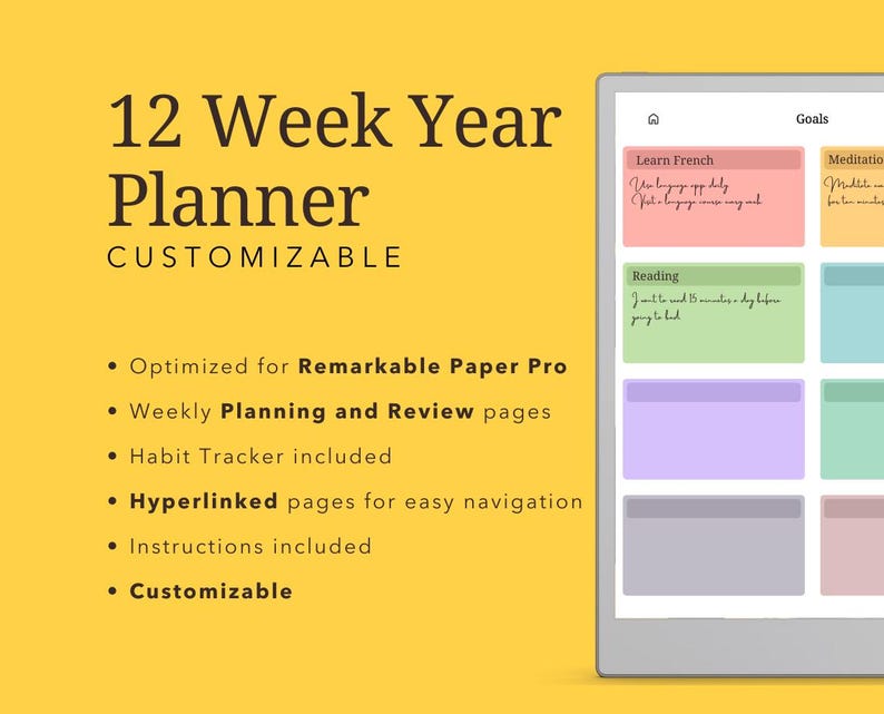Customizable 12 Week Year Planner Template for Remarkable Paper Pro - Etsy